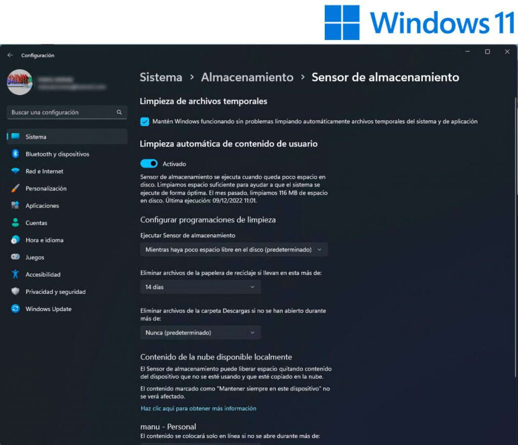 Sensor de almacenamiento de Windows 11: recupera tu espacio